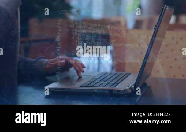 Animation of data processing over man using laptop. Global business and ...