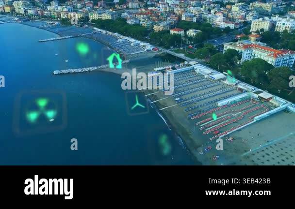 Animation of ecology icons over seaside cityscape. Global ecology ...