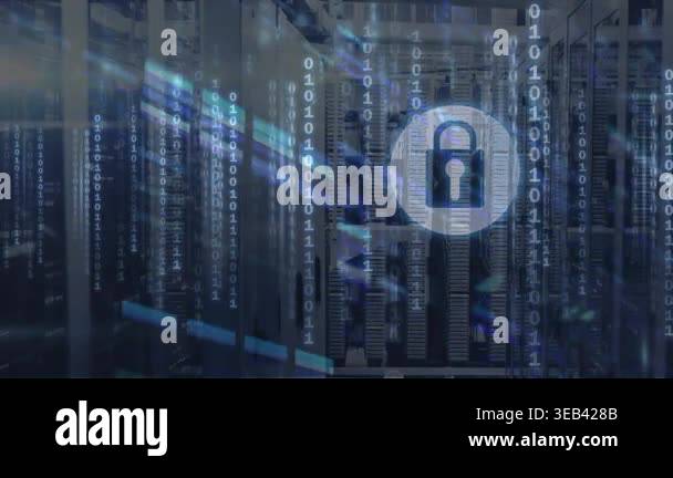 Animation of binary code and padlock over servers. global network ...