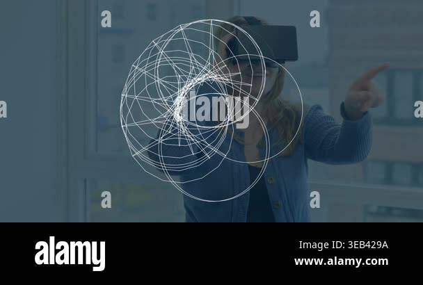 Animation of shapes over caucasian woman using vr headset. global ...