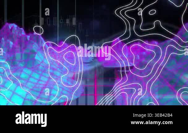 Animation of data processing and isohypses over black background with ...