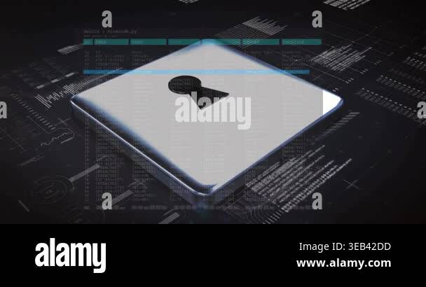 Animation of security padlock over data processing on dark background ...