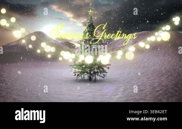 Animation of season's greetings text with fairy lights over christmas ...