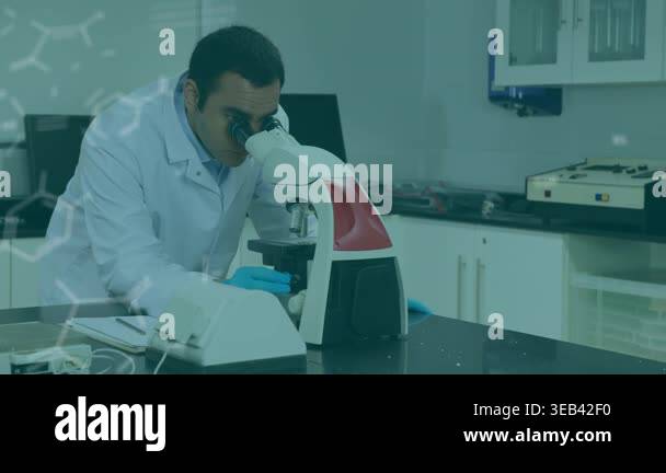 Animation of chemical structures over male scientist using microscope ...