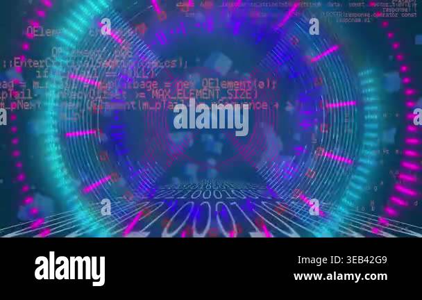Animation of circles and shapes over data processing and binary code ...