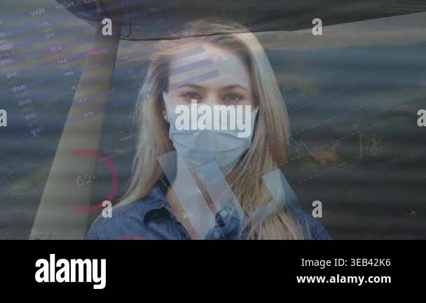 Animation of data processing over caucasian women wearing face mask ...