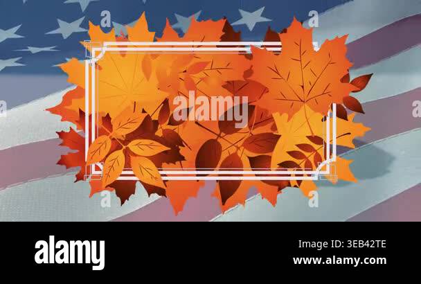 Animation of frame with fall leaves over hot dog and flag of usa ...