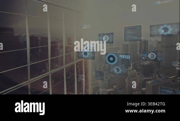 Animation of data processing over cityscape. Global business ...