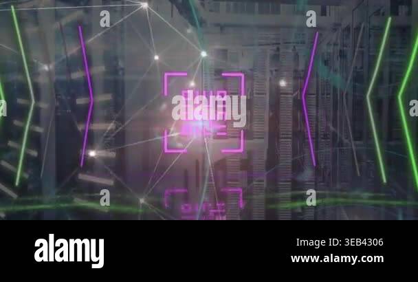 Animation of network of connections over qr code. Global business and ...