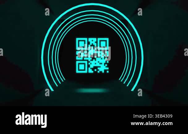 Glowing QR code and neon arches, futuristic digital access concept ...
