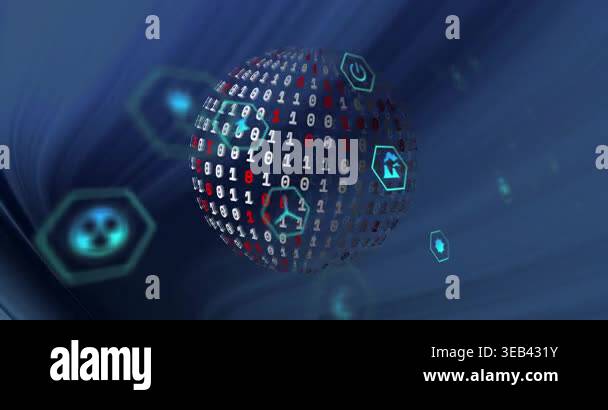 Rotating globe of binary code with hexagonal icons, digital data ...
