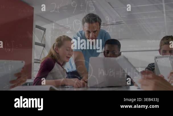 Animation of math formulas moving over diverse male teacher and pupils ...
