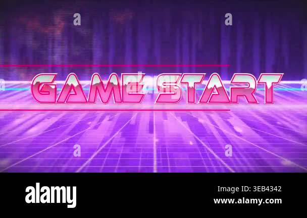 Digital animation of start text over neon banner against mountain ...