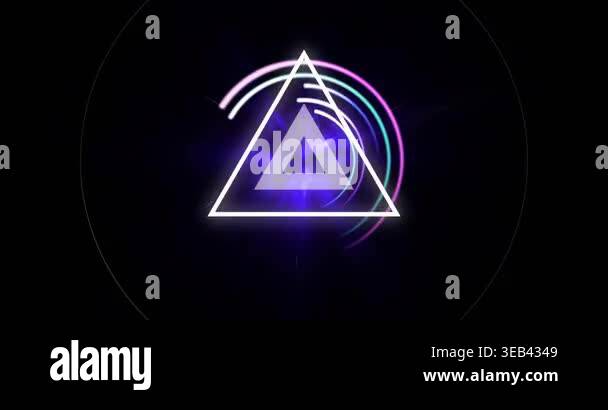 Glowing triangle and circular light trails animation on black ...