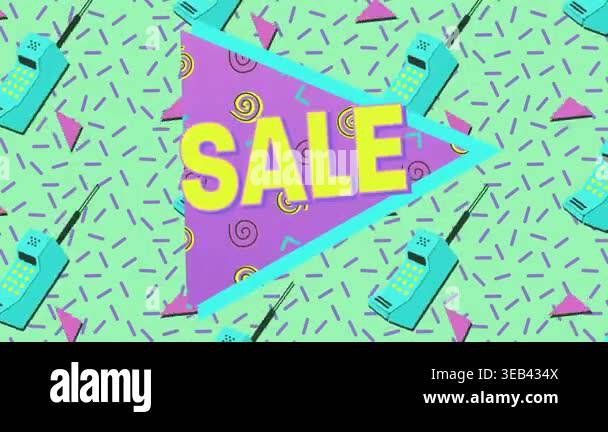 Animation of sale text over retro pattern background. Global sales ...