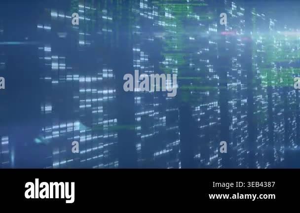 Animation of data processing on navy background with lights. computers ...
