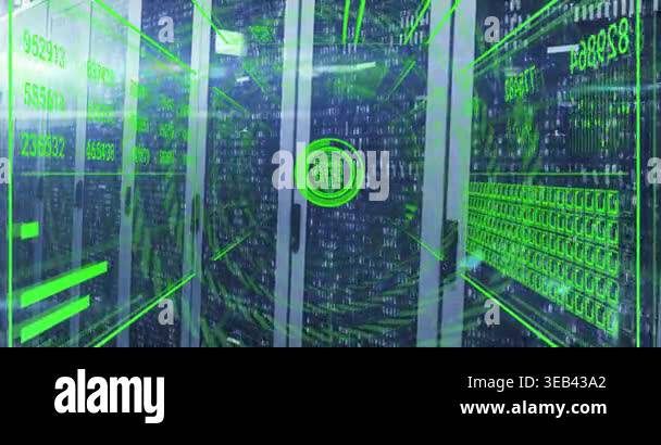 Binary code streaming through glass-front racks initiating reticle ...