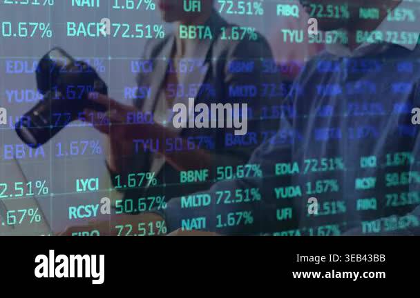 Animation of trading board over caucasian woman showing photo to ...