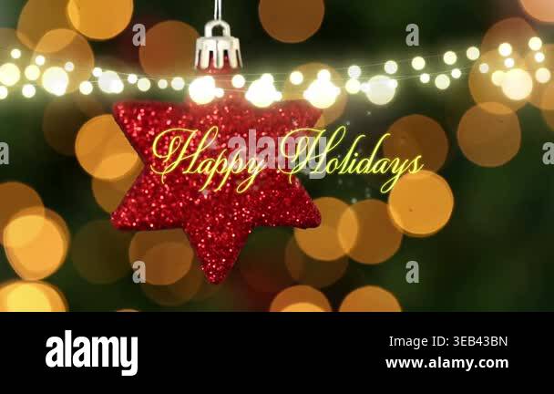 Animation of fairy lights over happy holidays text banner against star ...