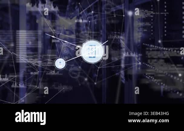 Animation of network of connections with icons over computer servers ...