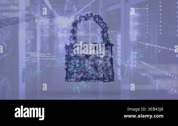 Animation of padlock and data processing over computer servers. Global ...