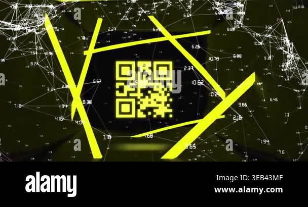 Animation of flickering qr code over connections with numbers and neon ...