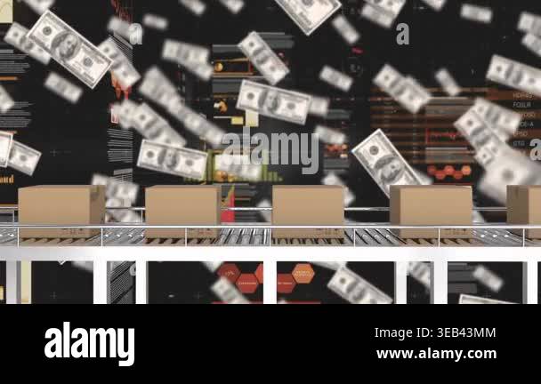 Animation of american dollar bills, statistics, financial data over ...
