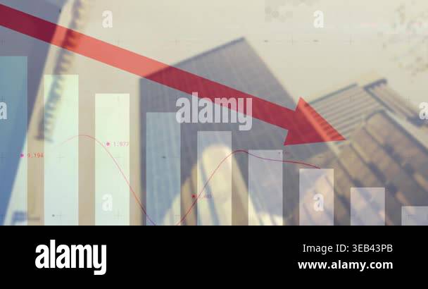 Flat design faded bar chart descending over faint skyline, red arrow ...