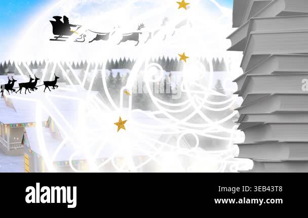 Animation of santa claus slight over winter town. Christmas, tradition ...