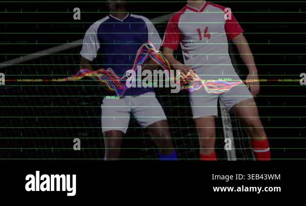 Two athletes leaping near net in sports tech gym, overlaying waveform ...