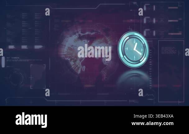 Animation of clock data processing and map on navy background. global ...