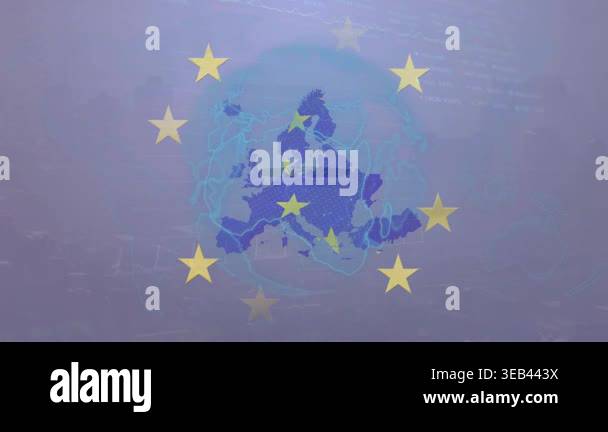 Animation of data processing and recycling symbol over flag of eu and ...