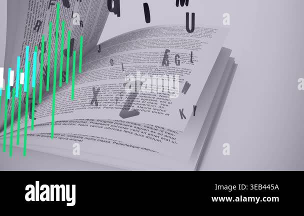 Animation of statistics and letters changing over book. Global business ...