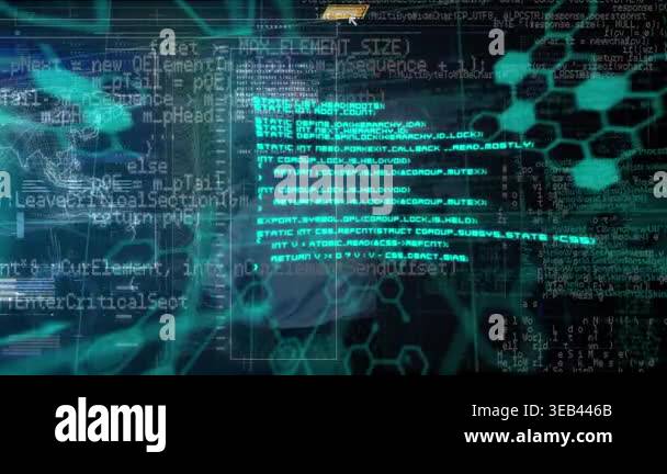 Chemical structures and data processing over rear view of businesswoman ...