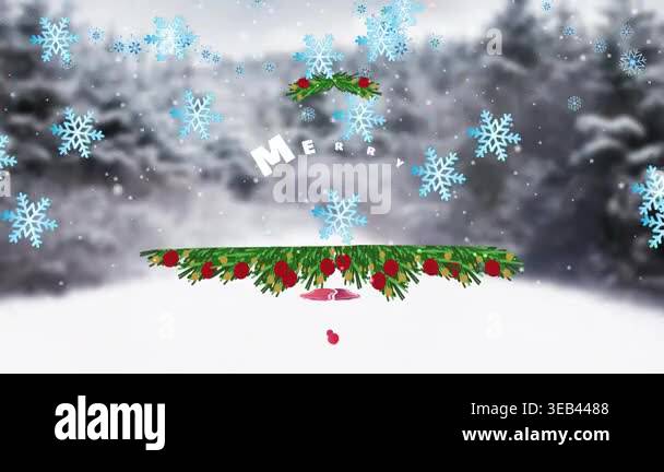 Animation of snowflakes falling over merry christmas text banner ...