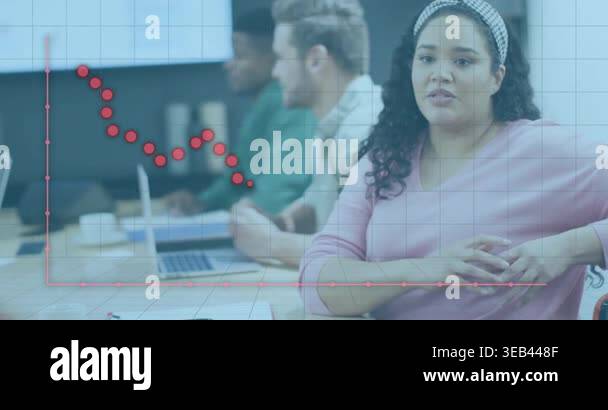 Animation of red diagrams over diverse colleagues discussing work in ...