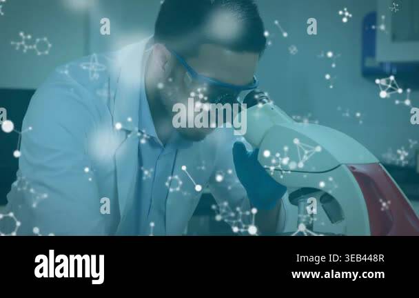 Animation of molecules over male lab worker with microscope. Science ...