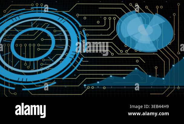 Animation of circles and graph over grid pattern against black ...
