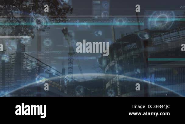 Animation of loading circles, soundwaves, globes, computer language on ...