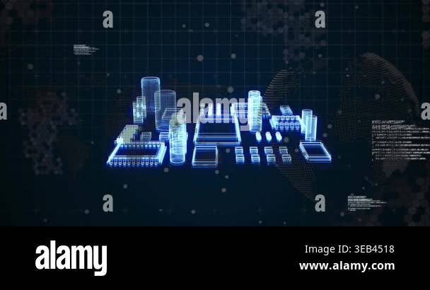 Animation of metaverse city and data processing over globe on black ...