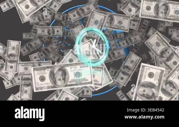 Animation of moving clock over dollar bills and globe on black ...