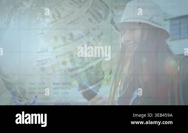 Animation of globe with american dollar bills and statistics over woman ...