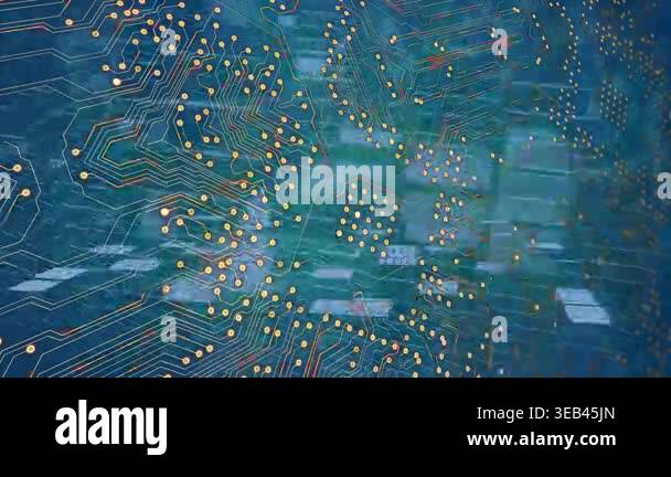 Animation of integrated circuit over metaverse city on blue background ...