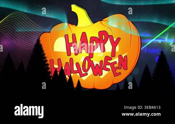 Glowing jack-o'-lantern with Happy Halloween animation over night sky ...