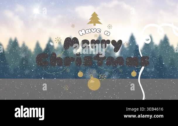 Animation of snow falling over merry christmas text banner against ...