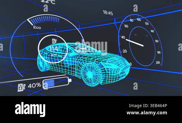 Animation of speedometer and data processing over 3d car model against ...