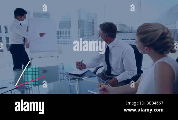 Business meeting with bar and line graphs over colleagues discussing ...