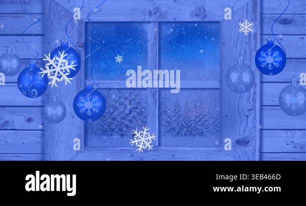 Animation of snowflakes and hanging bauble decoration over wooden ...