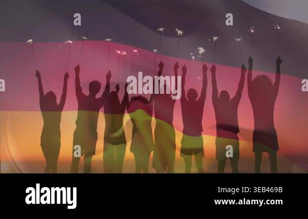Animation of flag of germany over people silhouettes with fireworks ...