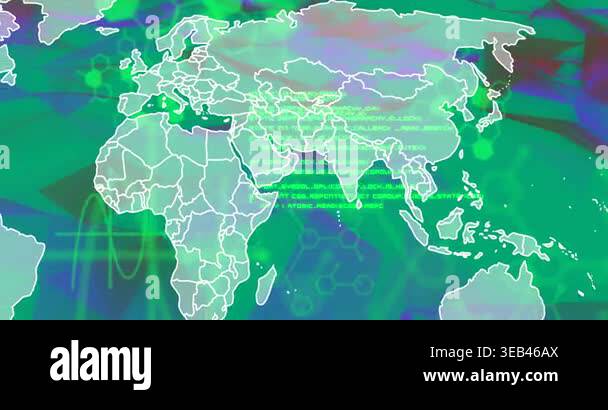 Animation of charts and data processing over world map. Global ...